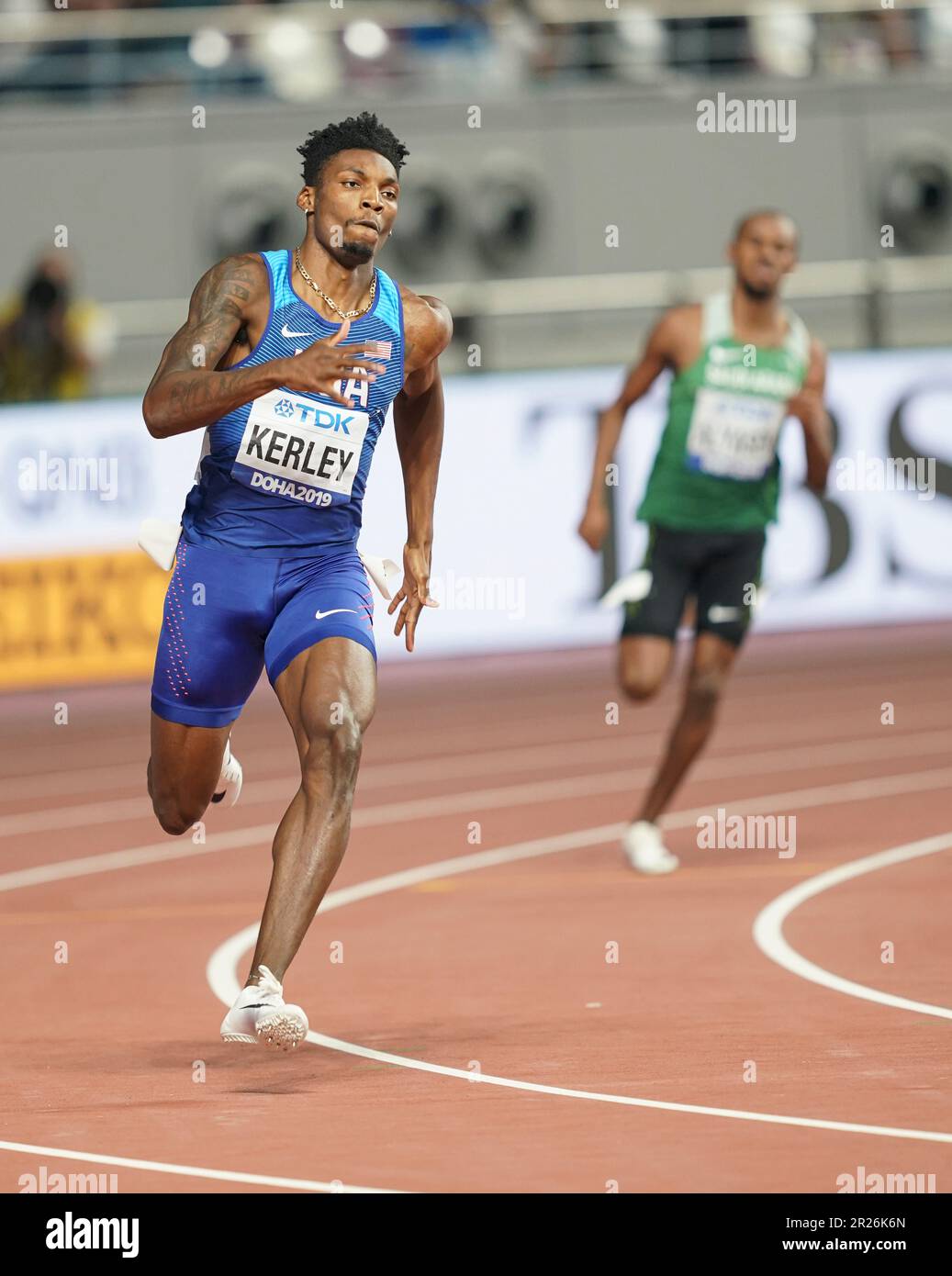 Fred Kerley running the 400m at the 2019 World Athletics Championships ...
