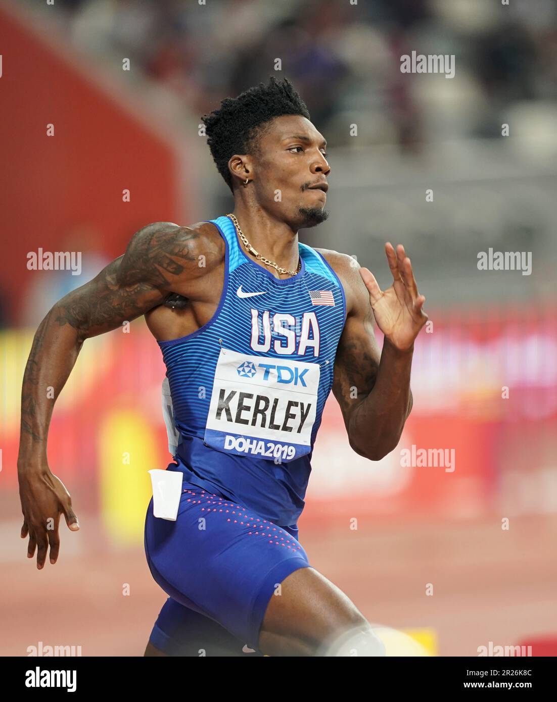 Fred Kerley running the 400m at the 2019 World Athletics Championships ...