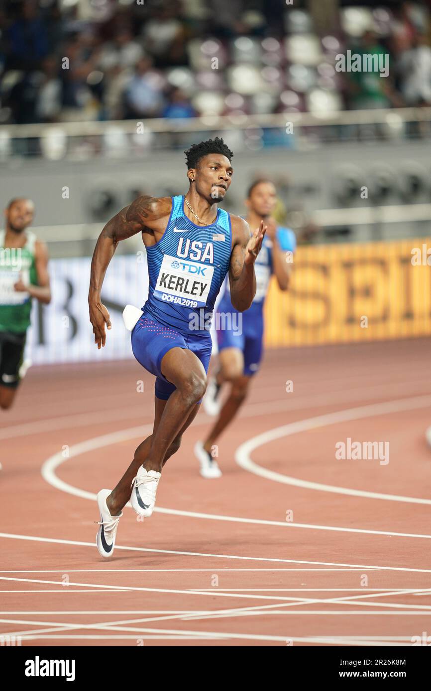 Fred Kerley running the 400m at the 2019 World Athletics Championships ...