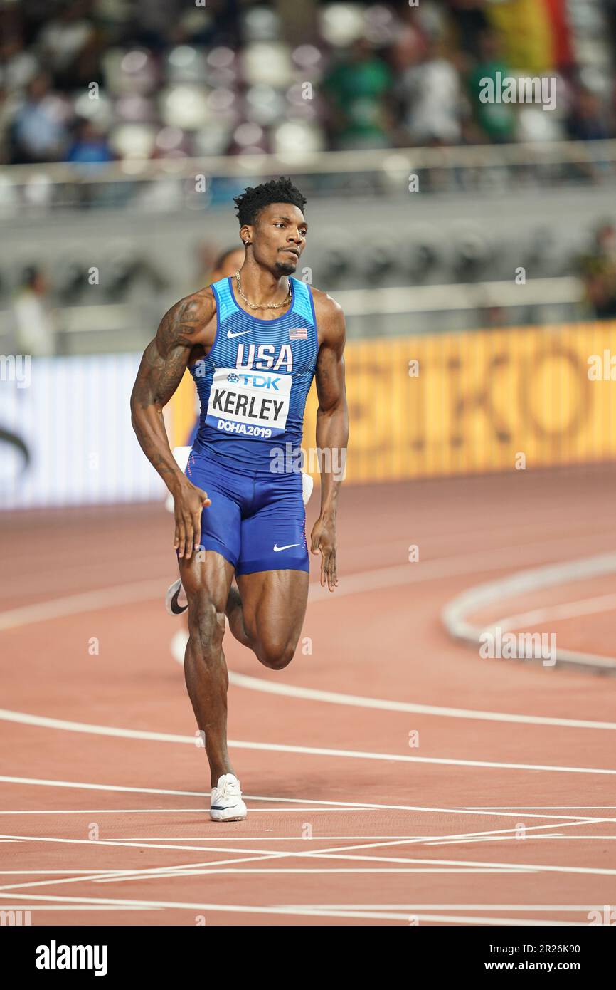 Fred Kerley running the 400m at the 2019 World Athletics Championships ...