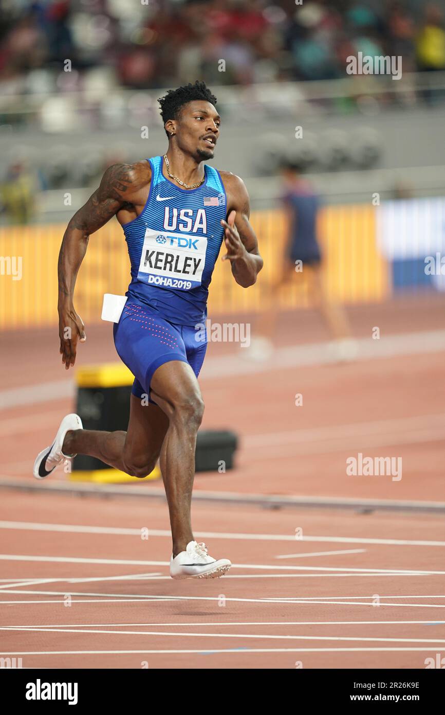 Fred Kerley running the 400m at the 2019 World Athletics Championships ...