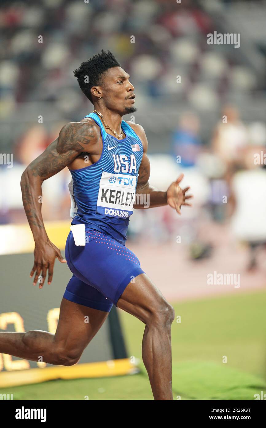 Fred Kerley running the 400m at the 2019 World Athletics Championships ...