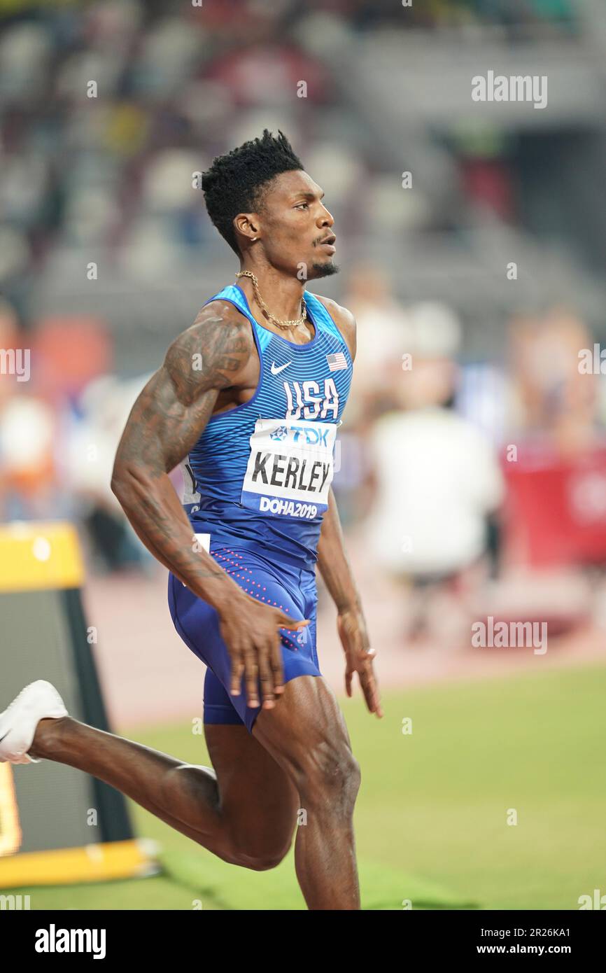 Fred Kerley running the 400m at the 2019 World Athletics Championships ...