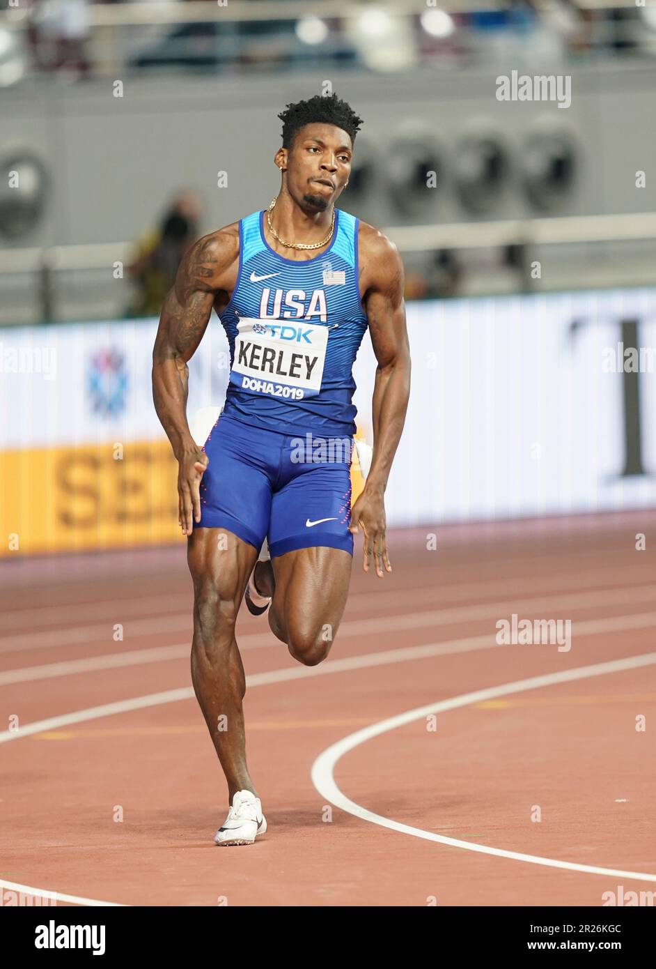 Fred Kerley running the 400m at the 2019 World Athletics Championships ...