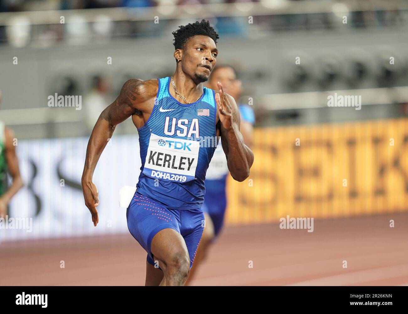 Fred Kerley running the 400m at the 2019 World Athletics Championships ...