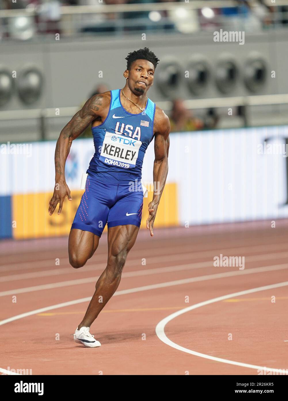 Fred Kerley running the 400m at the 2019 World Athletics Championships ...