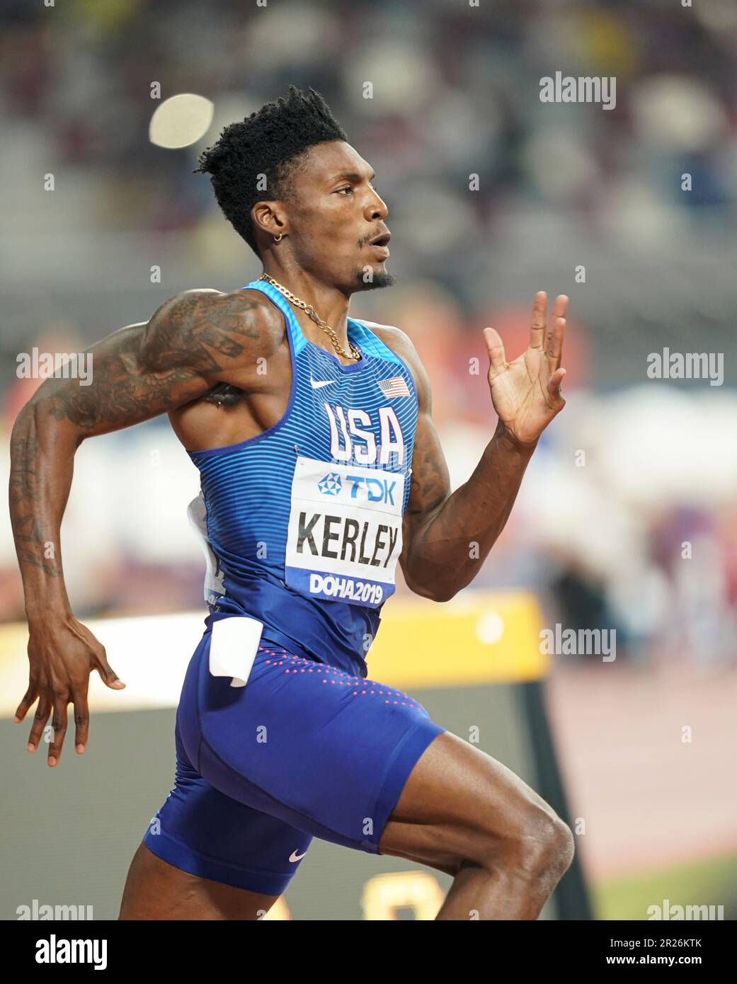 Fred Kerley running the 400m at the 2019 World Athletics Championships ...