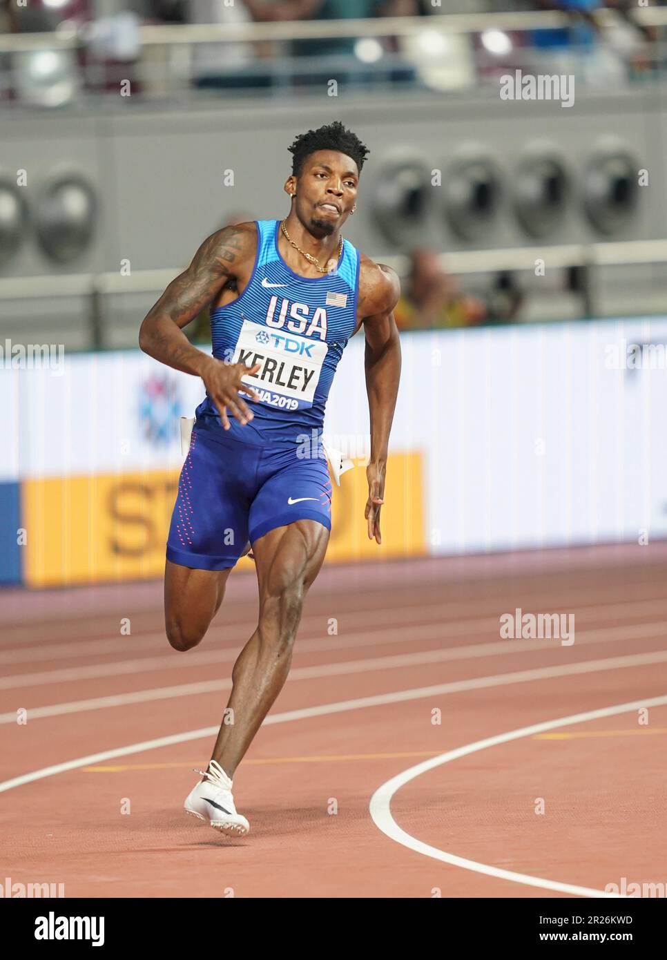 Fred Kerley running the 400m at the 2019 World Athletics Championships ...