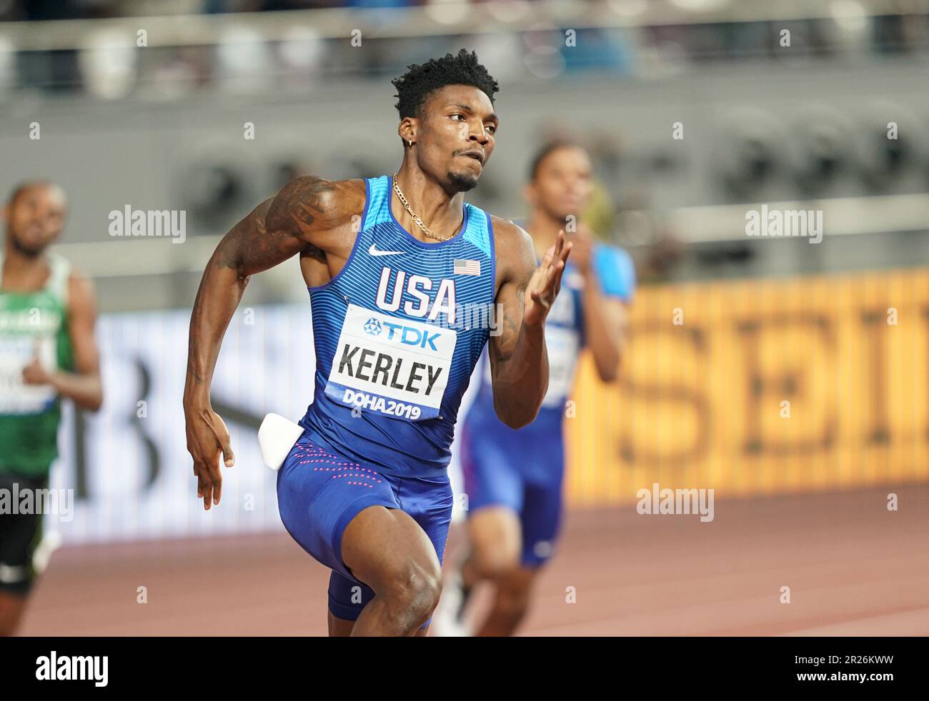 Fred Kerley running the 400m at the 2019 World Athletics Championships ...