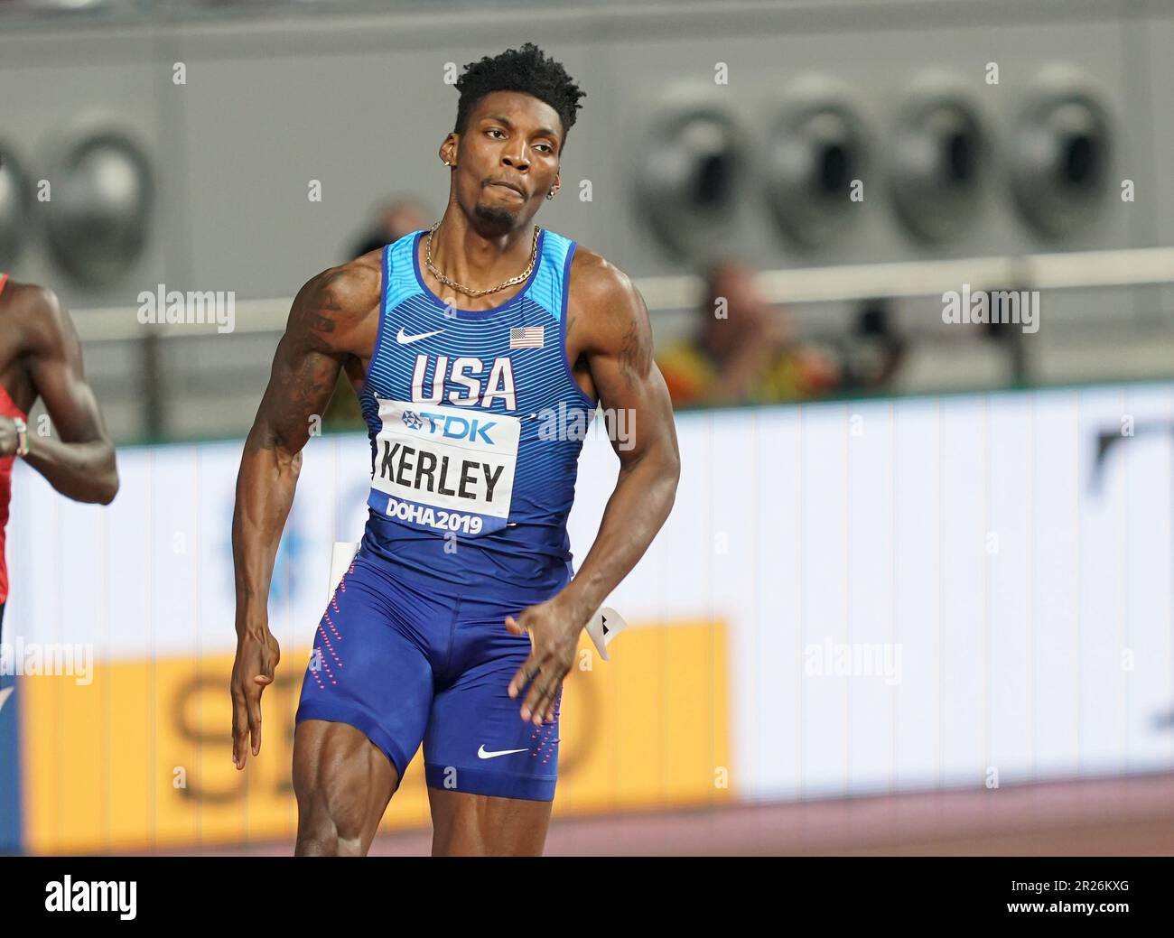 Fred Kerley running the 400m at the 2019 World Athletics Championships ...