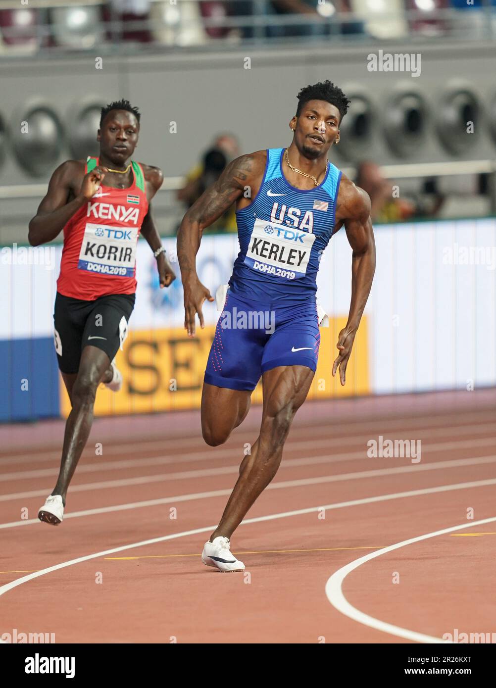 Fred Kerley running the 400m at the 2019 World Athletics Championships ...
