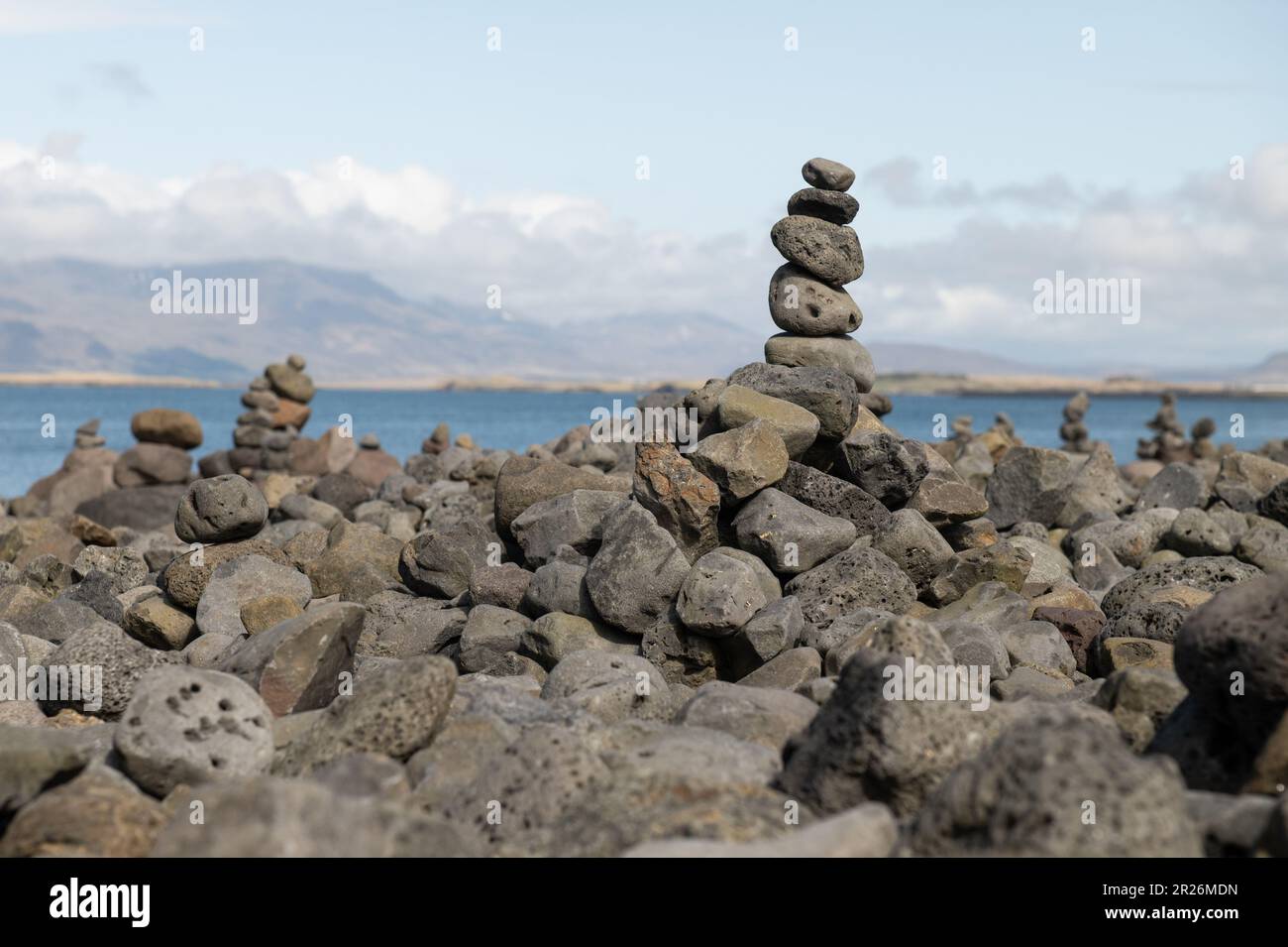 Stone cairns on Reykjavik seafront Stock Photo - Alamy