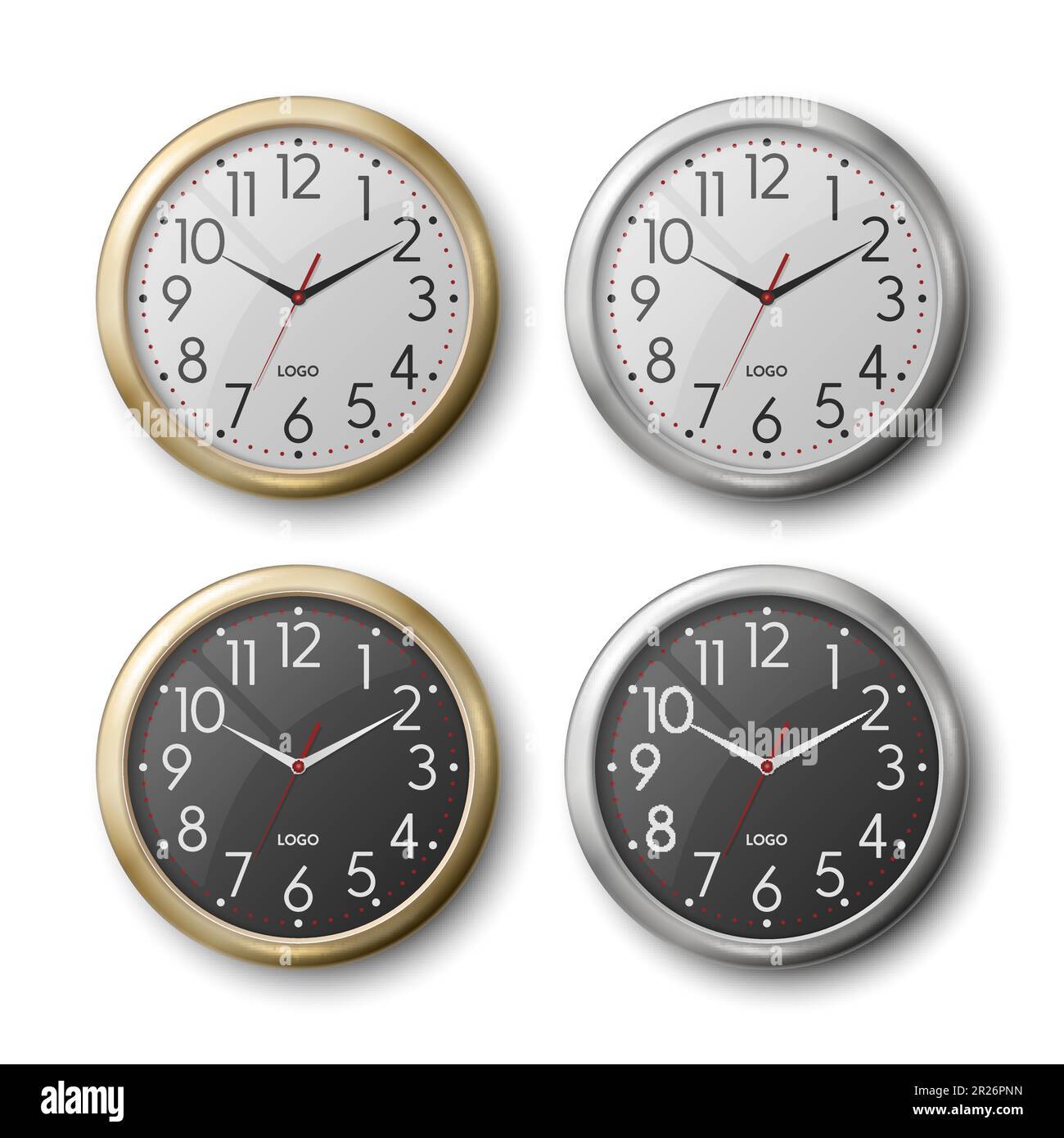 Vector 3d Realistic Round Metal Silver, Golden Color Wall Office Clock ...