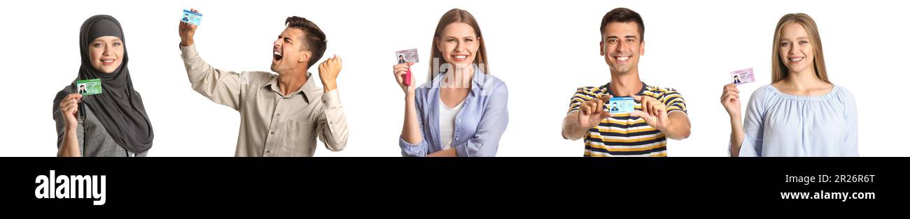 Set of happy people with driving licenses on white background Stock ...