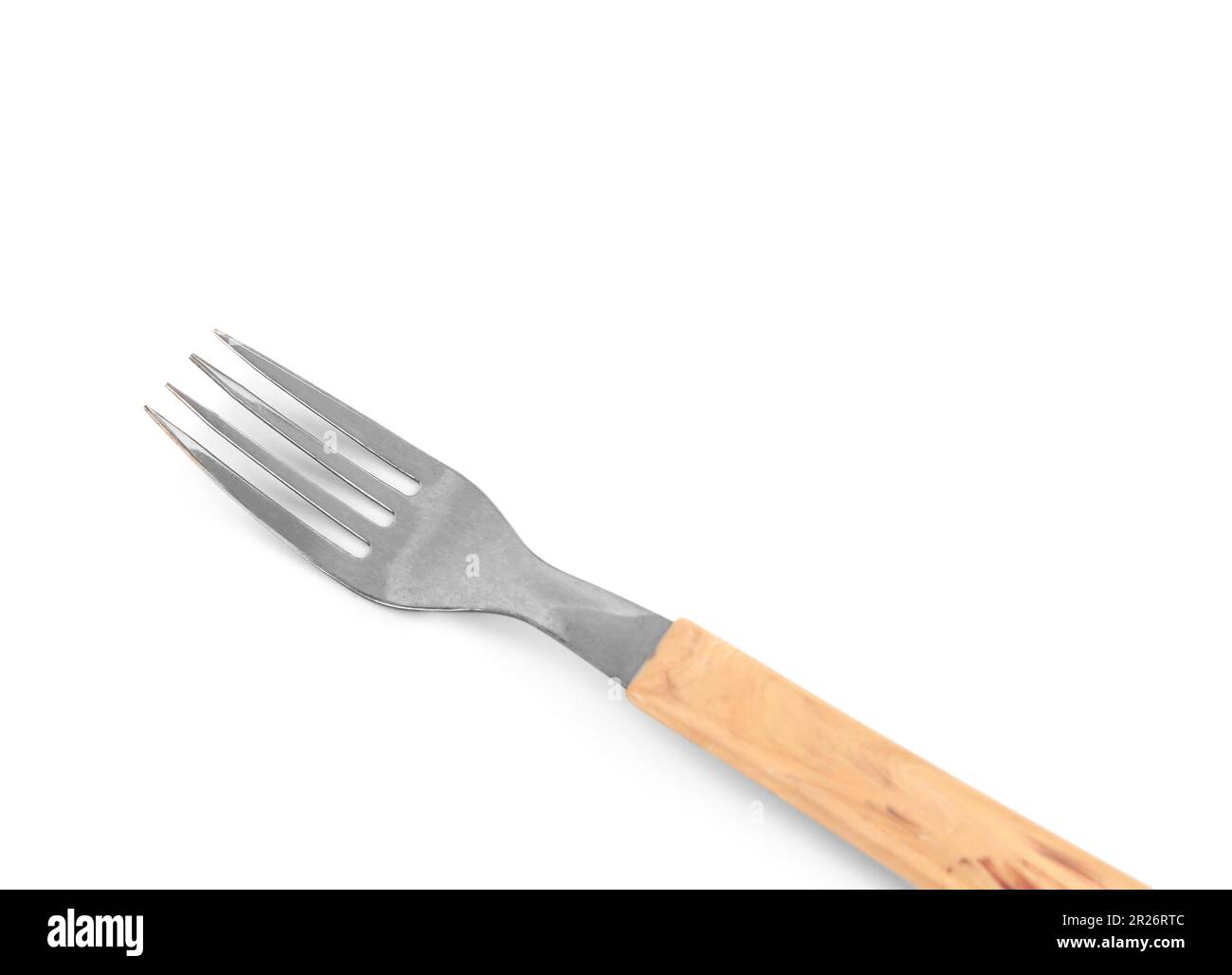 Silver fork with wooden handle on white background Stock Photo - Alamy