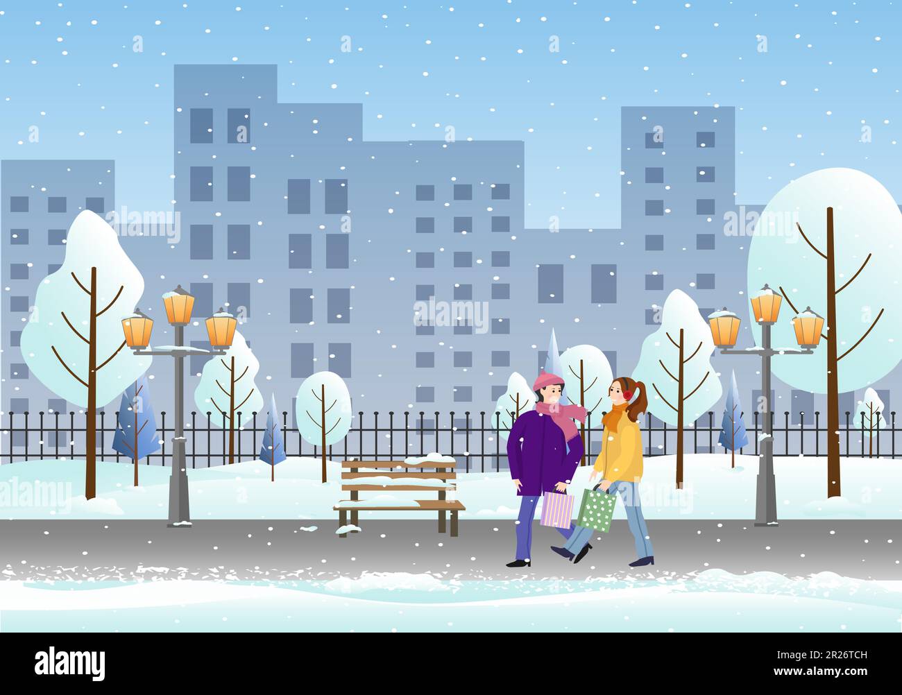 The girls are walking in the city park. Urban landscape. Lanterns and a ...