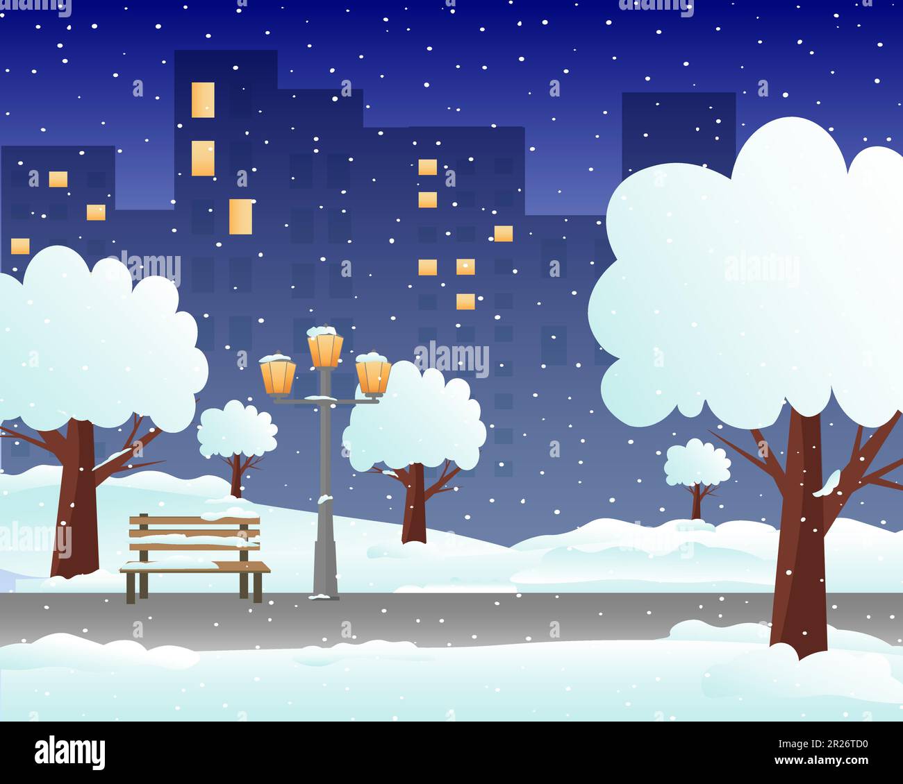 City park in winter. Lanterns and a bench surrounded by drifts and snow ...