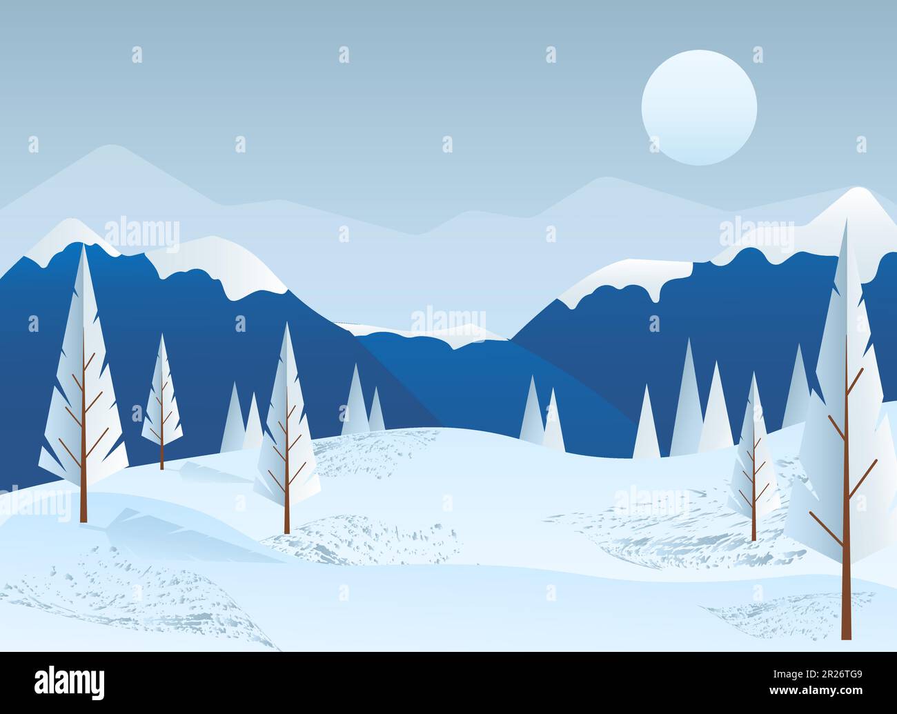 Winter landscape. Trees and snowy meadows surrounded by mountains. Flat vector illustration ...