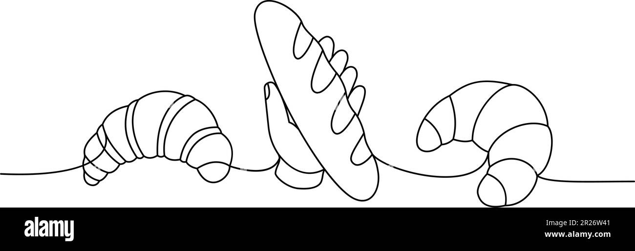 Set of croissant one line continuous drawing. Bakery pastry products ...