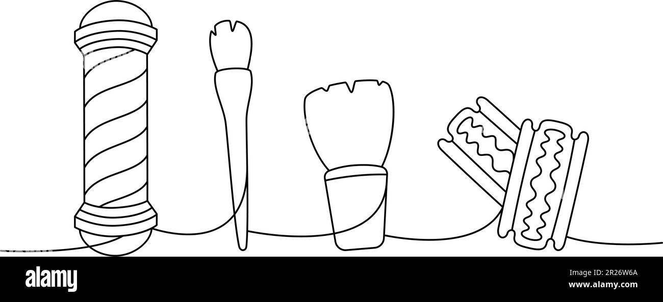Set of barber shop tools one line continuous drawing. Barber shop pole ...