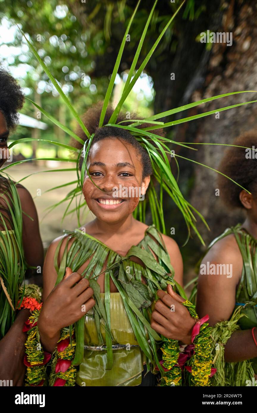 Indigenous teens of the Solomon Islands dressed in traditional outfits ...