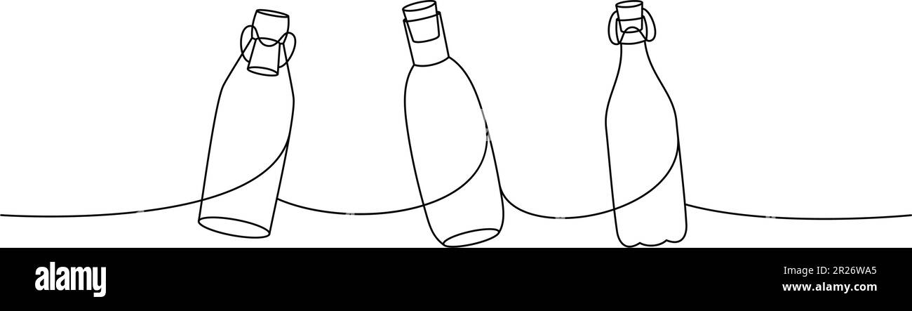 Set of glass bottles one line continuous drawing. Wine glass bottles ...