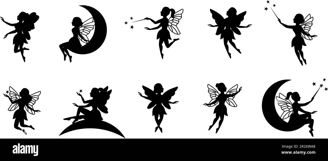 Fairy silhouettes. Funny fairies in different poses. Little creatures ...