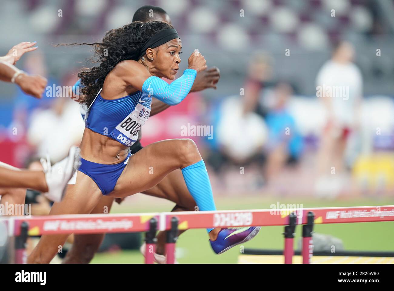 Erica Bougard participating in the heptathlon 100m hurdles at the 2019 ...