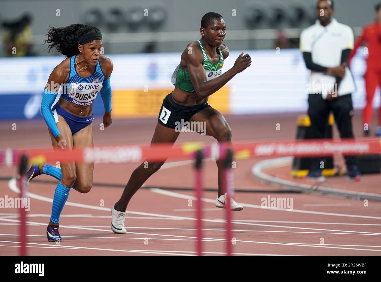 Erica Bougard participating in the heptathlon 100m hurdles at the 2019 ...