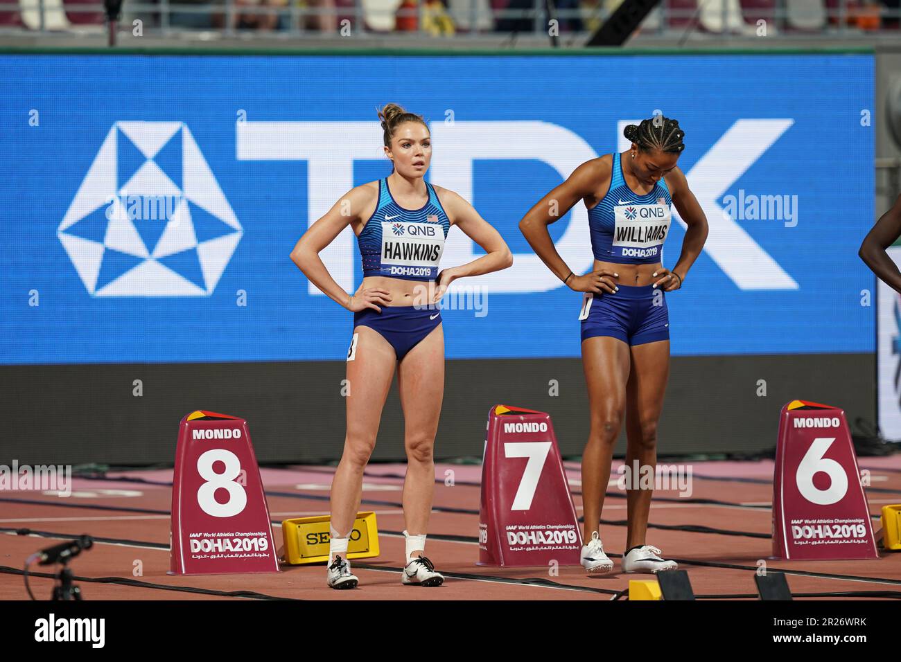 Chari Hawkins participating in the heptathlon 100m hurdles at the 2019 ...