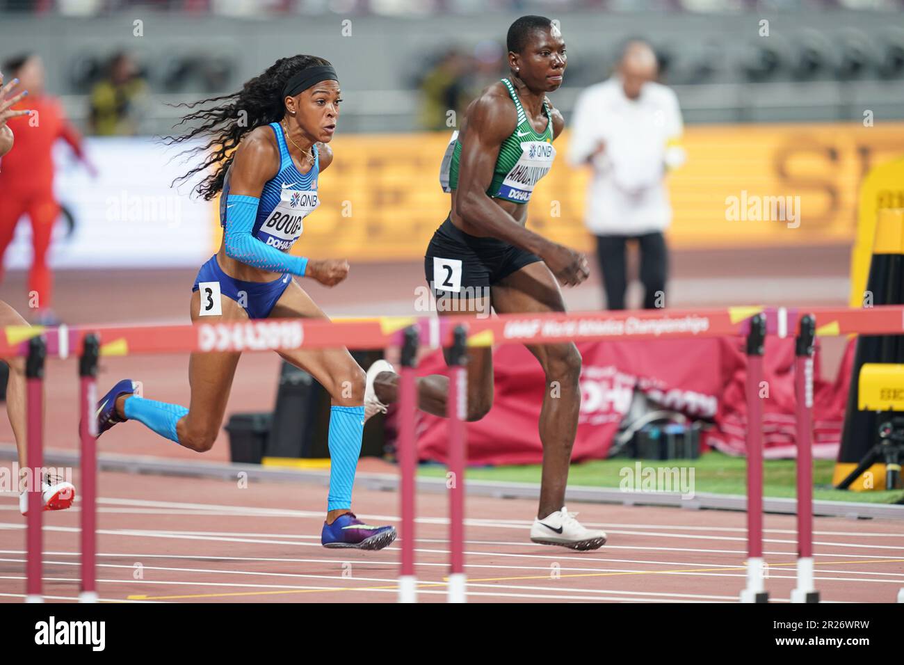Erica Bougard participating in the heptathlon 100m hurdles at the 2019 ...