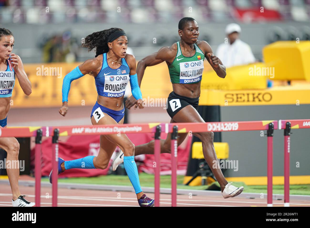 Erica Bougard participating in the heptathlon 100m hurdles at the 2019 ...