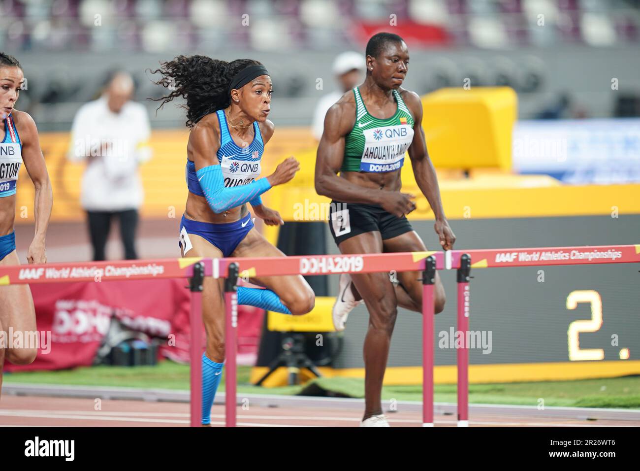 Erica Bougard participating in the heptathlon 100m hurdles at the 2019 ...