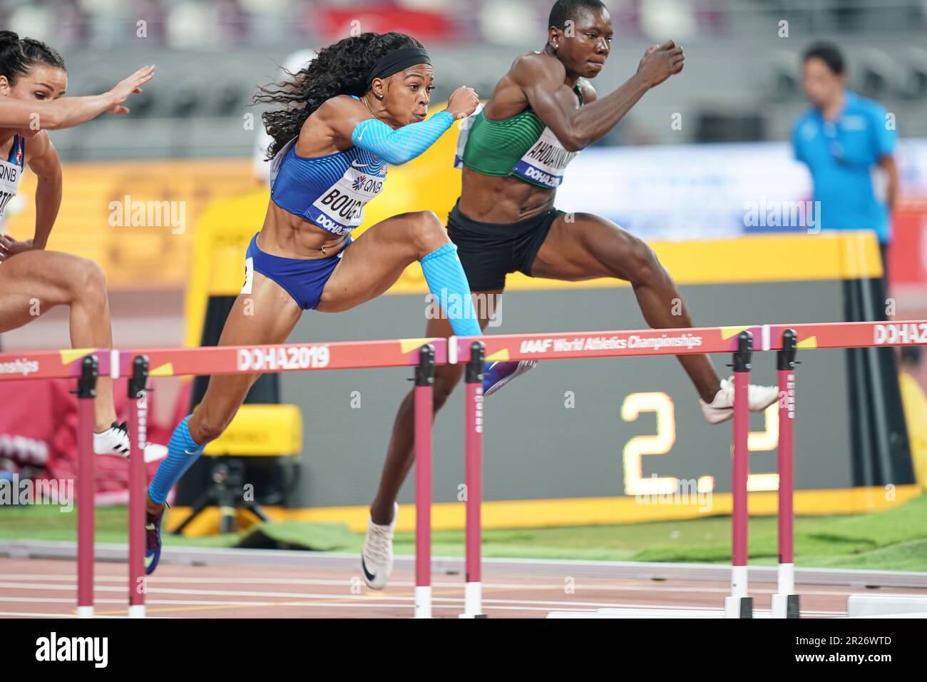 Erica Bougard participating in the heptathlon 100m hurdles at the 2019 ...