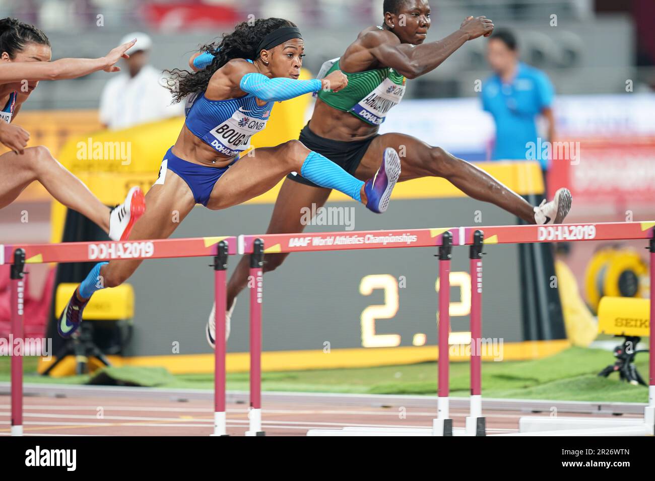Erica Bougard participating in the heptathlon 100m hurdles at the 2019 ...