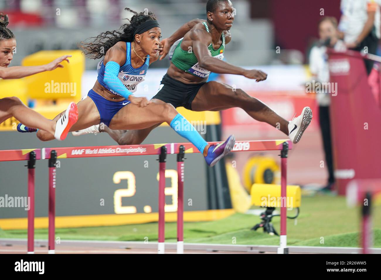 Erica Bougard participating in the heptathlon 100m hurdles at the 2019 ...
