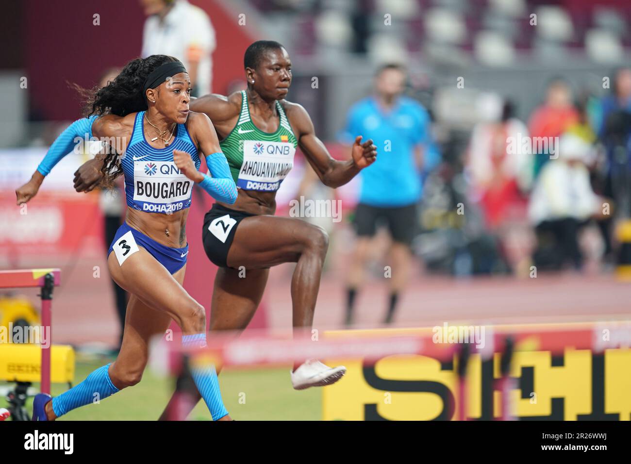 Erica Bougard participating in the heptathlon 100m hurdles at the 2019 ...