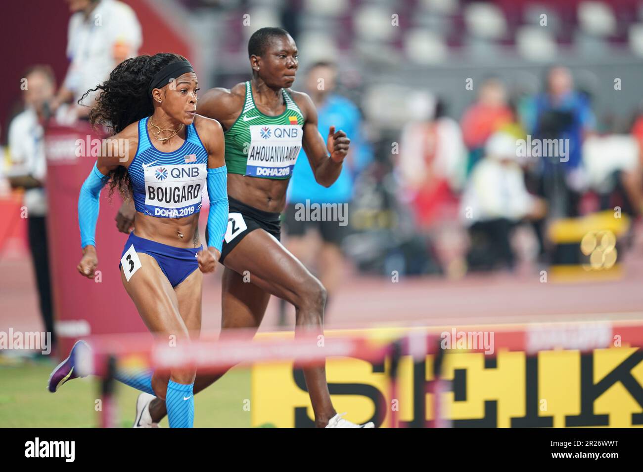 Erica Bougard participating in the heptathlon 100m hurdles at the 2019 ...