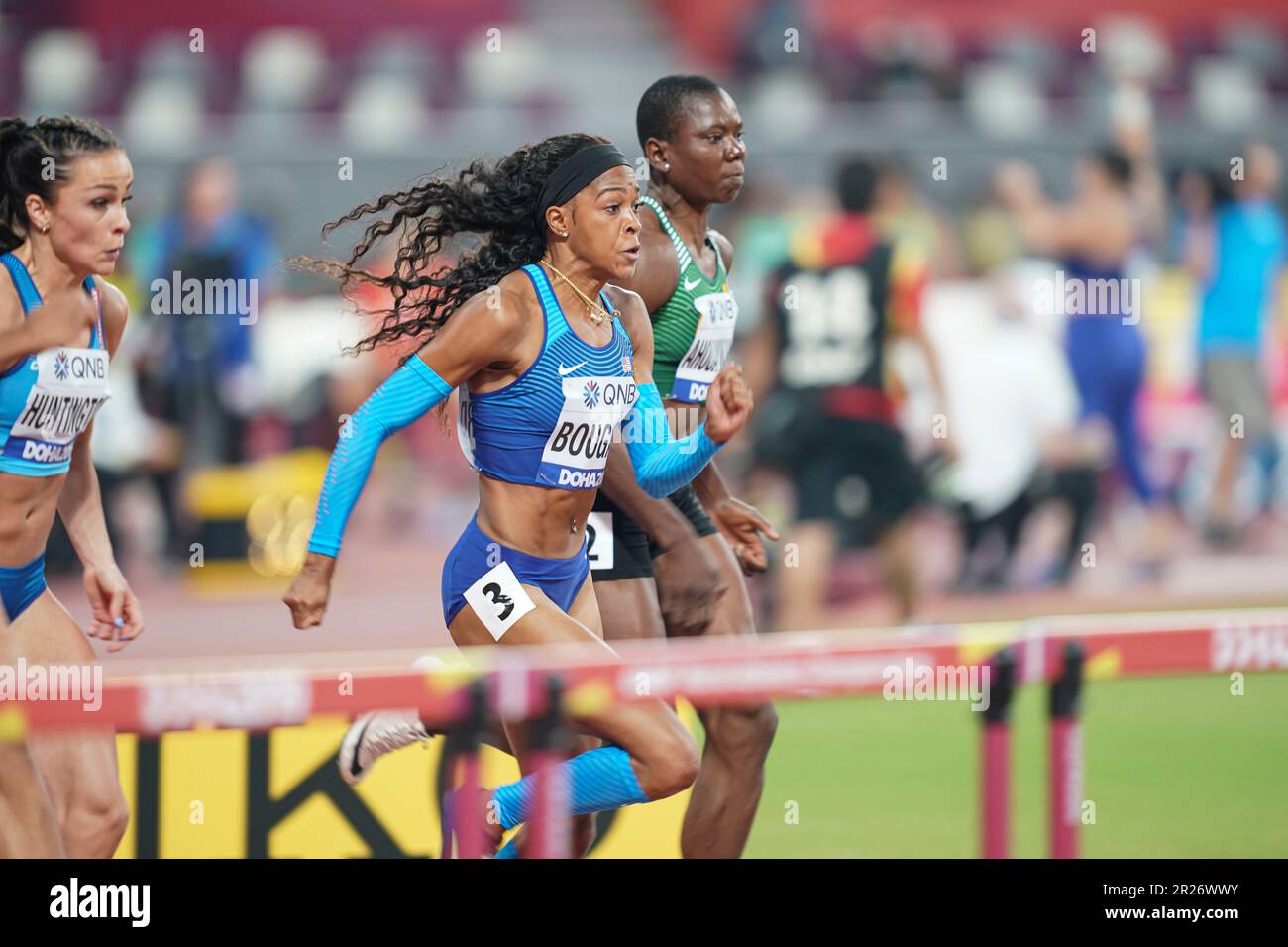 Erica Bougard participating in the heptathlon 100m hurdles at the 2019 ...