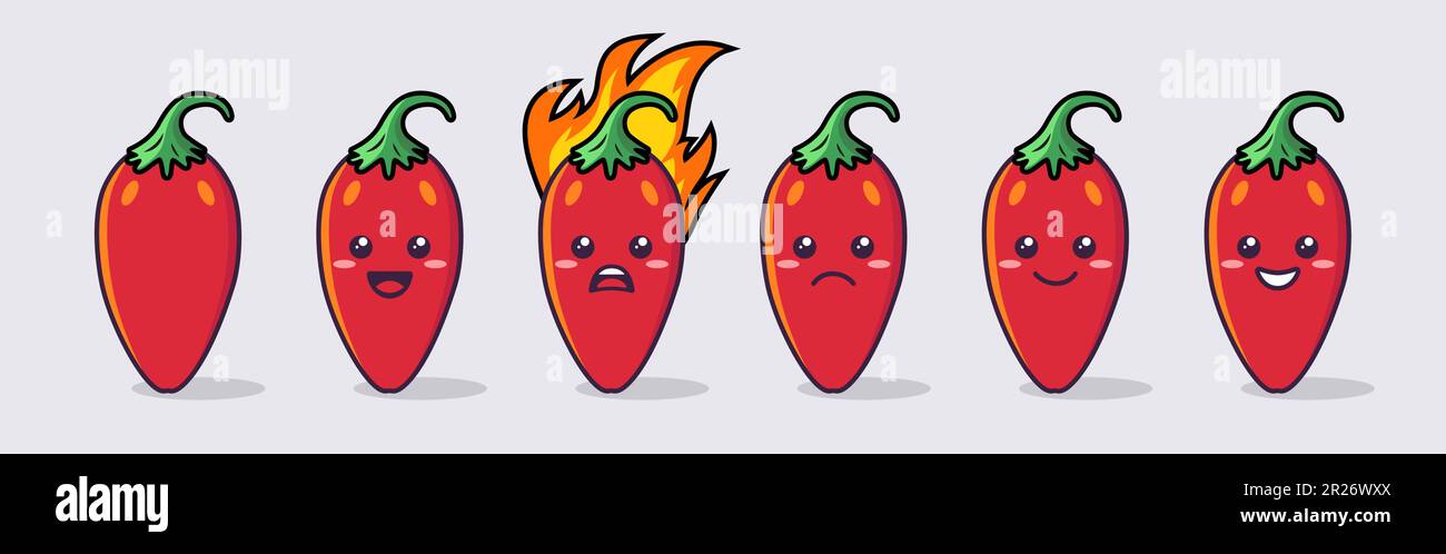 Vector Cartoon Cute and Funny Red Hot Chili Pepper Icon Set. Kawaii ...