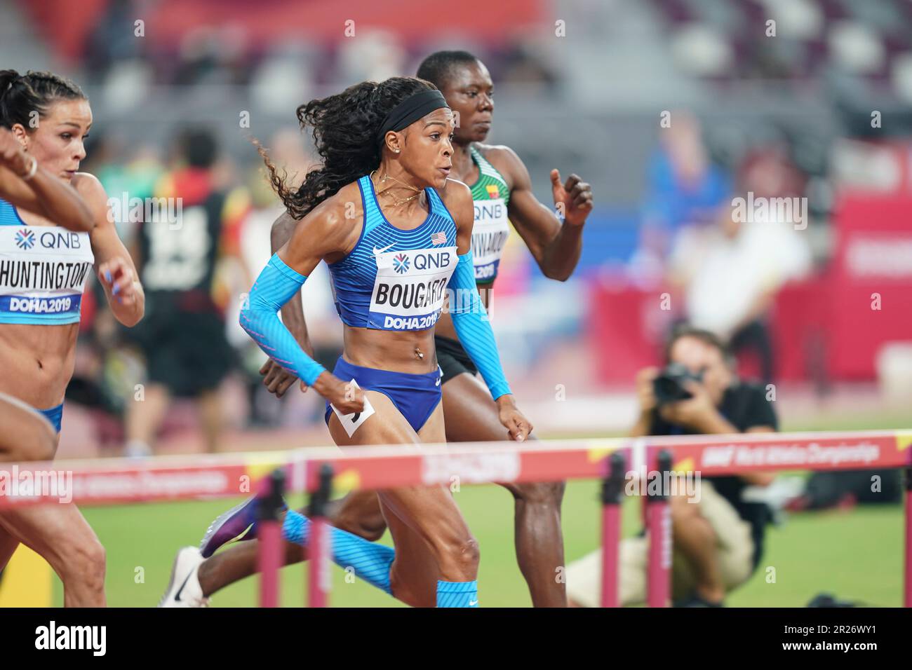 Erica Bougard participating in the heptathlon 100m hurdles at the 2019 ...