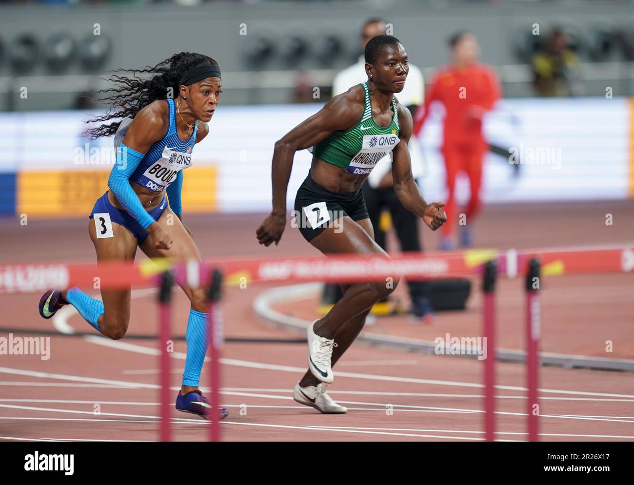 Erica Bougard participating in the heptathlon 100m hurdles at the 2019 ...