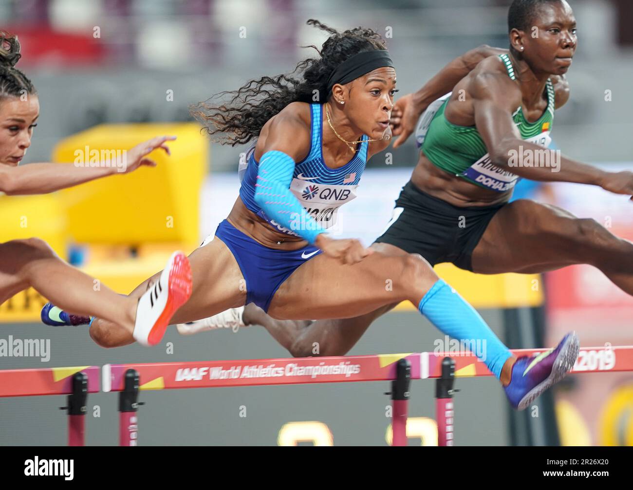Erica Bougard participating in the heptathlon 100m hurdles at the 2019 ...