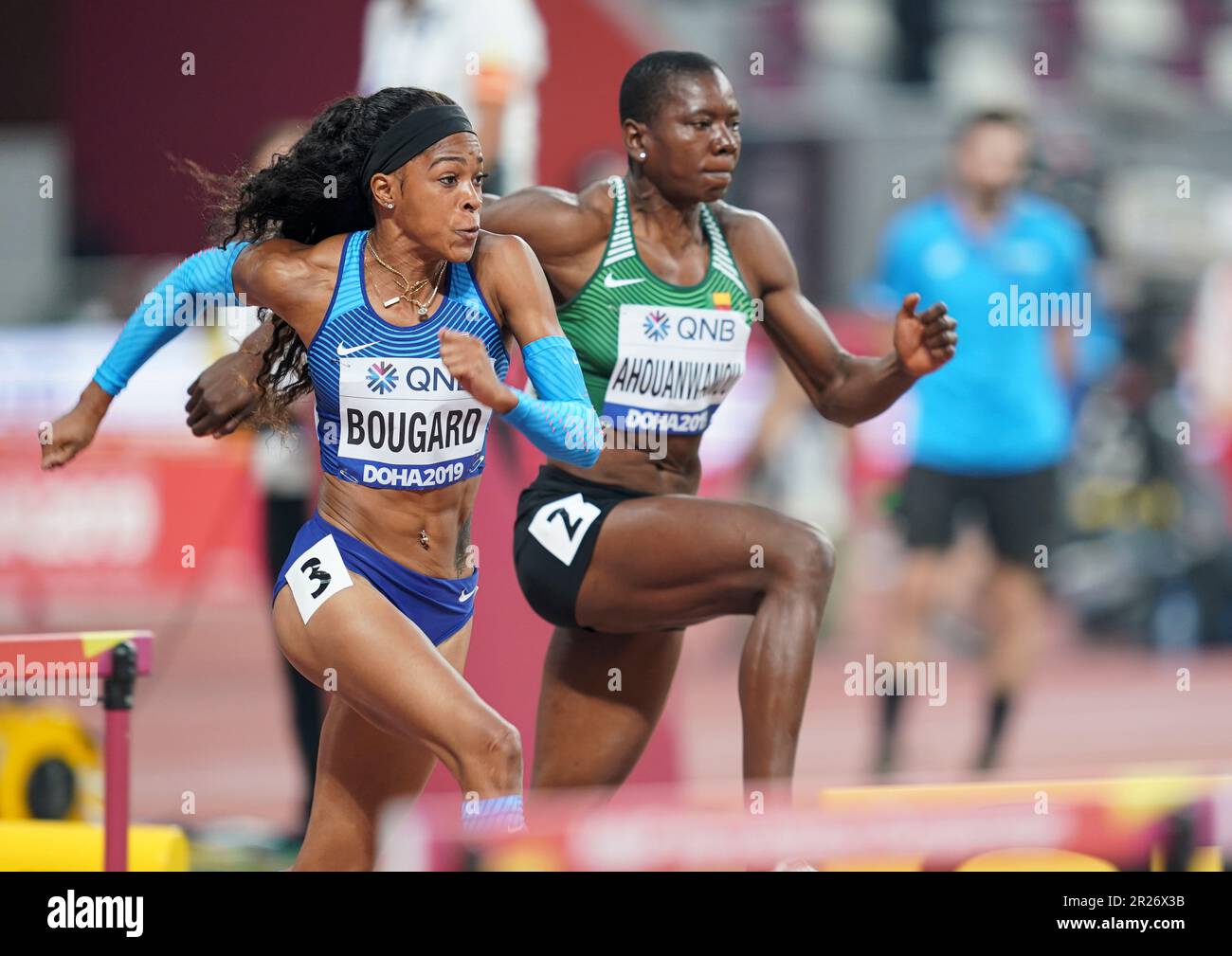 Erica Bougard participating in the heptathlon 100m hurdles at the 2019 ...