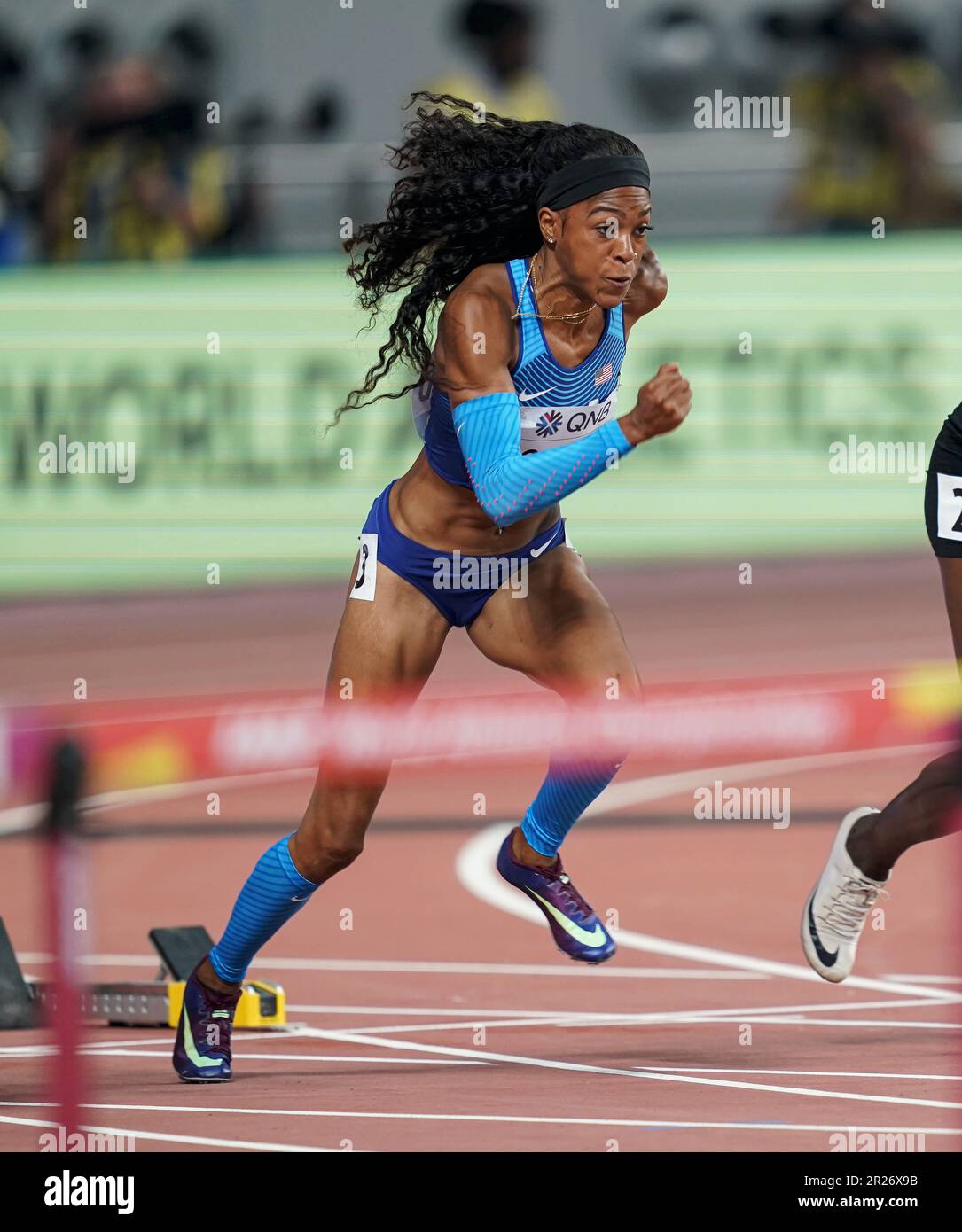 Erica Bougard participating in the heptathlon 100m hurdles at the 2019 ...