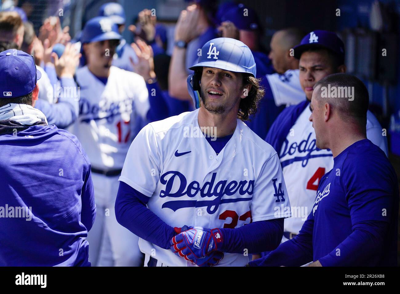 Los Angeles Dodgers' James Outman, center, celebrates in the dugout ...