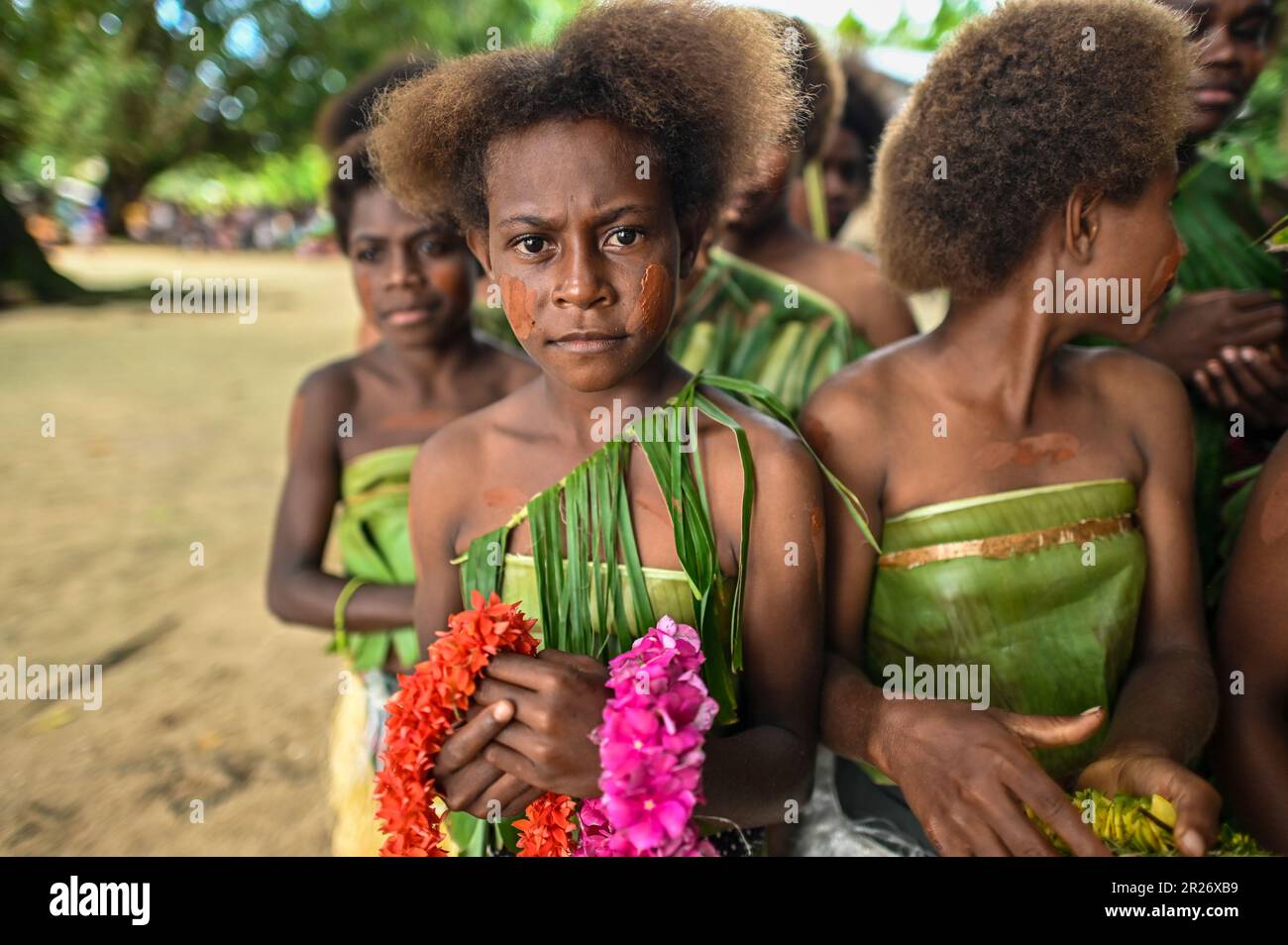 Indigenous teens of the Solomon Islands dressed in traditional outfits ...