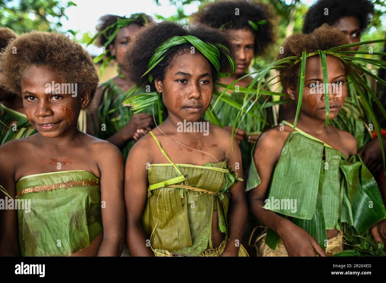 Indigenous teens of the Solomon Islands dressed in traditional outfits ...