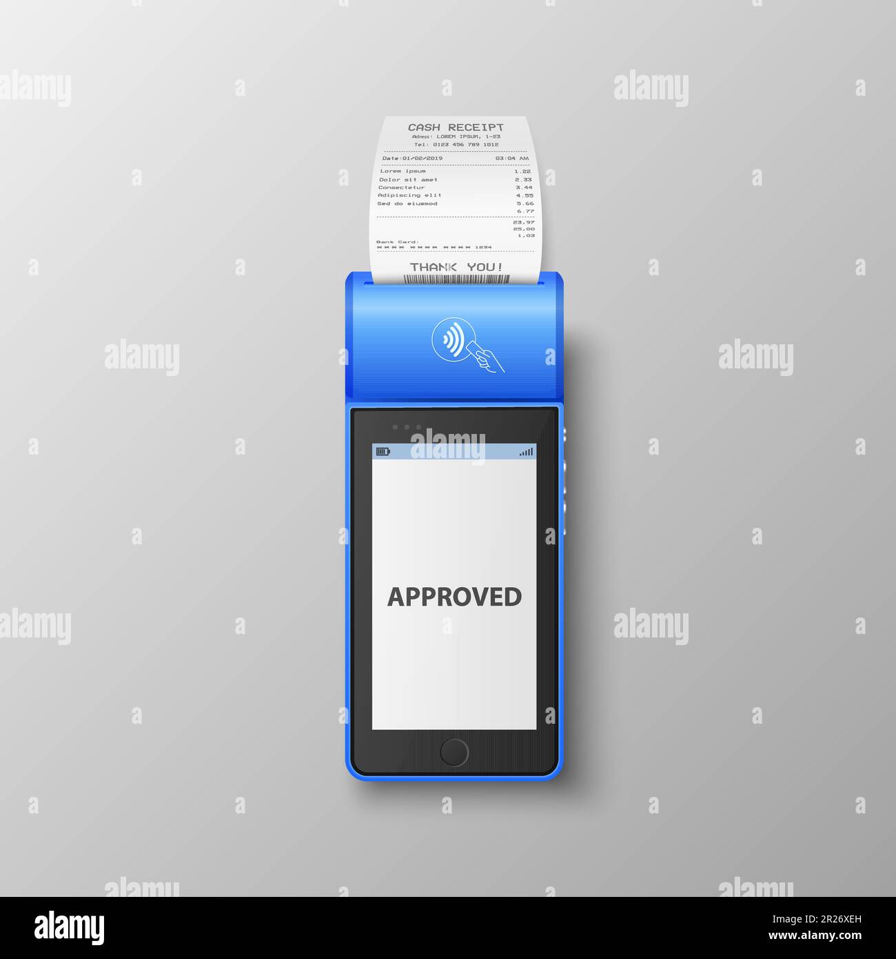 Vector 3d Blue NFC Payment Machine with Approved Status and Paper Receipt, Bill. Wi-fi, Wireless ...