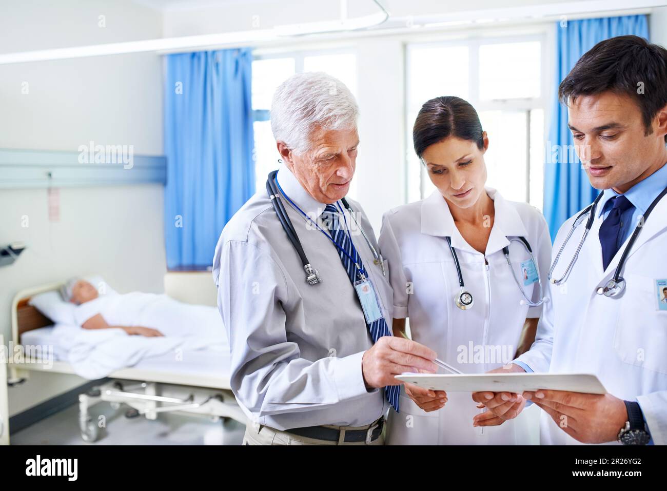 Three heads are better than one. three doctors discussing a case file ...